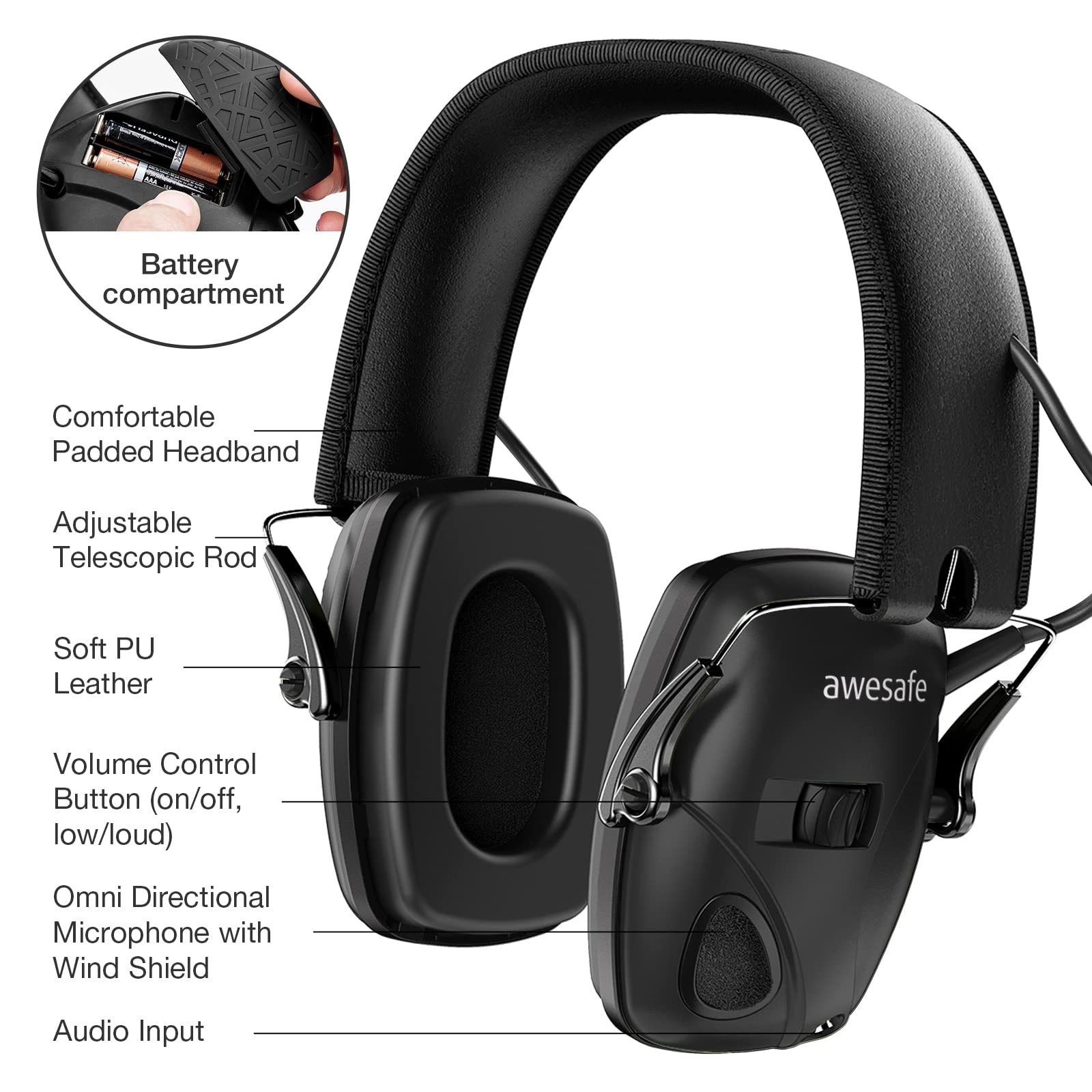 awesafe Electronic Shooting Earmuffs Ear Hearing Protection Headphones for Shooter Noise Reduction Sound Amplification (Blcak)