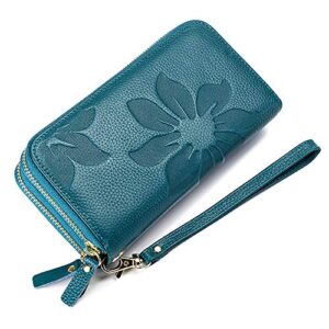 rfid blocking women’s leather wallet, double zipper smartphone pocket, embossed flower with credit card holder, cash slots large capacity clutch wristlet (teal blue)