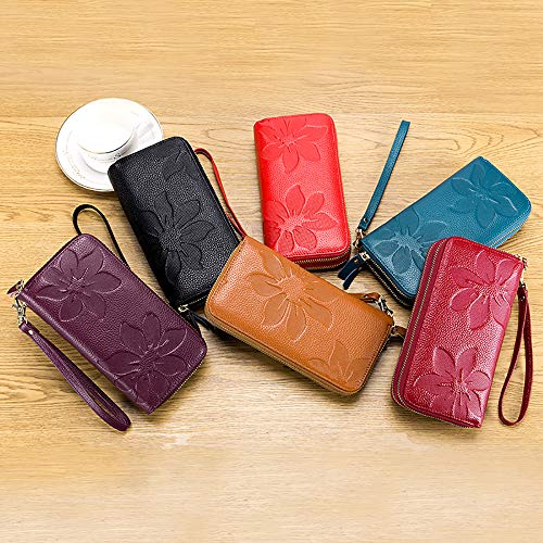 RFID Blocking Women’s Leather Wallet, Double Zipper Smartphone Pocket, Embossed Flower with Credit Card Holder, Cash Slots Large Capacity Clutch Wristlet (Teal Blue)