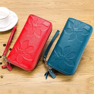 RFID Blocking Women’s Leather Wallet, Double Zipper Smartphone Pocket, Embossed Flower with Credit Card Holder, Cash Slots Large Capacity Clutch Wristlet (Teal Blue)