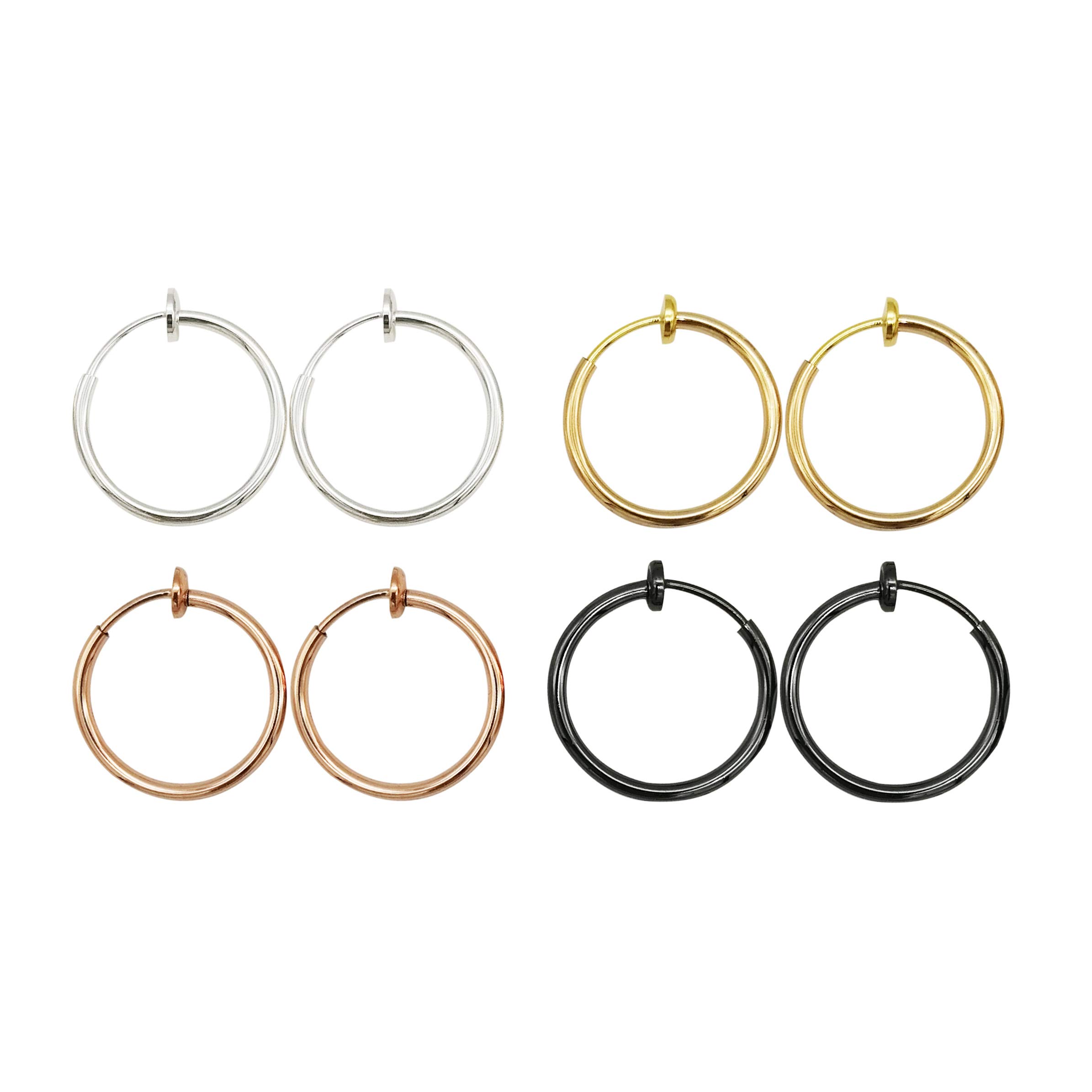 LAXPICOL Clip On Earrings Gold Silver Black Rose Gold 4PCS 0.70IN(18mm) Stainless Hoop Earrings Clip On Earrings for Women No Piercing