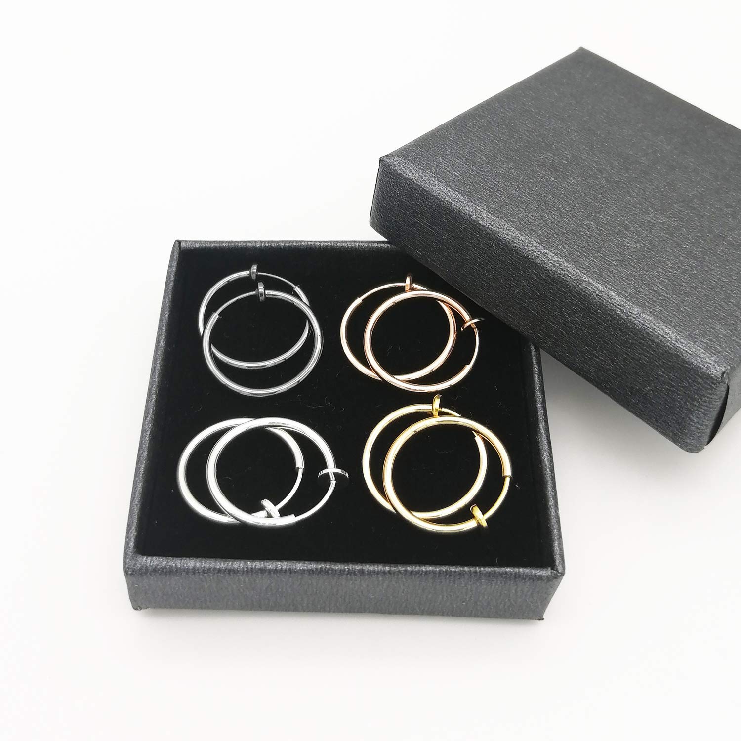 LAXPICOL Clip On Earrings Gold Silver Black Rose Gold 4PCS 0.70IN(18mm) Stainless Hoop Earrings Clip On Earrings for Women No Piercing