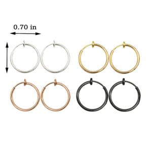 LAXPICOL Clip On Earrings Gold Silver Black Rose Gold 4PCS 0.70IN(18mm) Stainless Hoop Earrings Clip On Earrings for Women No Piercing