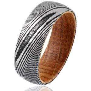 gorgeous 8mm damascus steel dome band ring with wood grain finish and whiskey barrel oak wood inner band. (stainless-steel, 10.5)