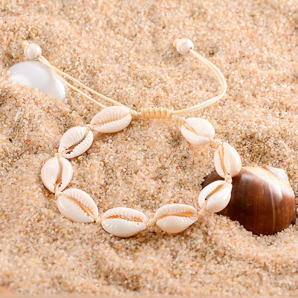 Tarsus Natural Cowrie Puka Shell Bracelets Handmade Boho White Seashell Bracelet Gifts for Women Teen Girls 3 Pcs