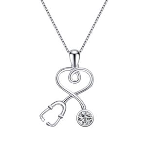 aoboco sterling silver stethoscope necklace infinity heart pendant doctor nurse necklace with clear austria crystal, women medical jewelry gifts for medical student doctor nurse female