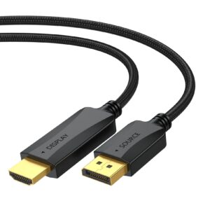 4k displayport to hdmi cable 6 ft, 4k dp (display port) to hdmi cord adapter 6ft braided male to male supports video and audio (4k, 2160p, 1440p, 1080p)-not bidirectional