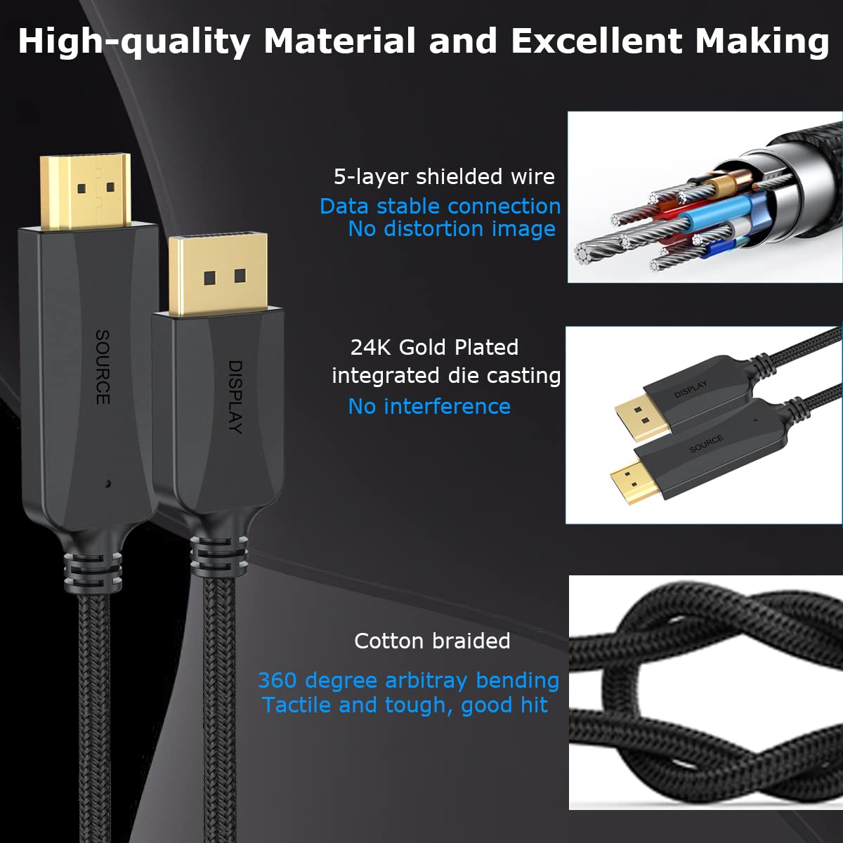 4K DisplayPort to HDMI Cable 6 ft, 4K DP (Display Port) to HDMI Cord Adapter 6ft Braided Male to Male Supports Video and Audio (4k, 2160P, 1440P, 1080P)-NOT Bidirectional