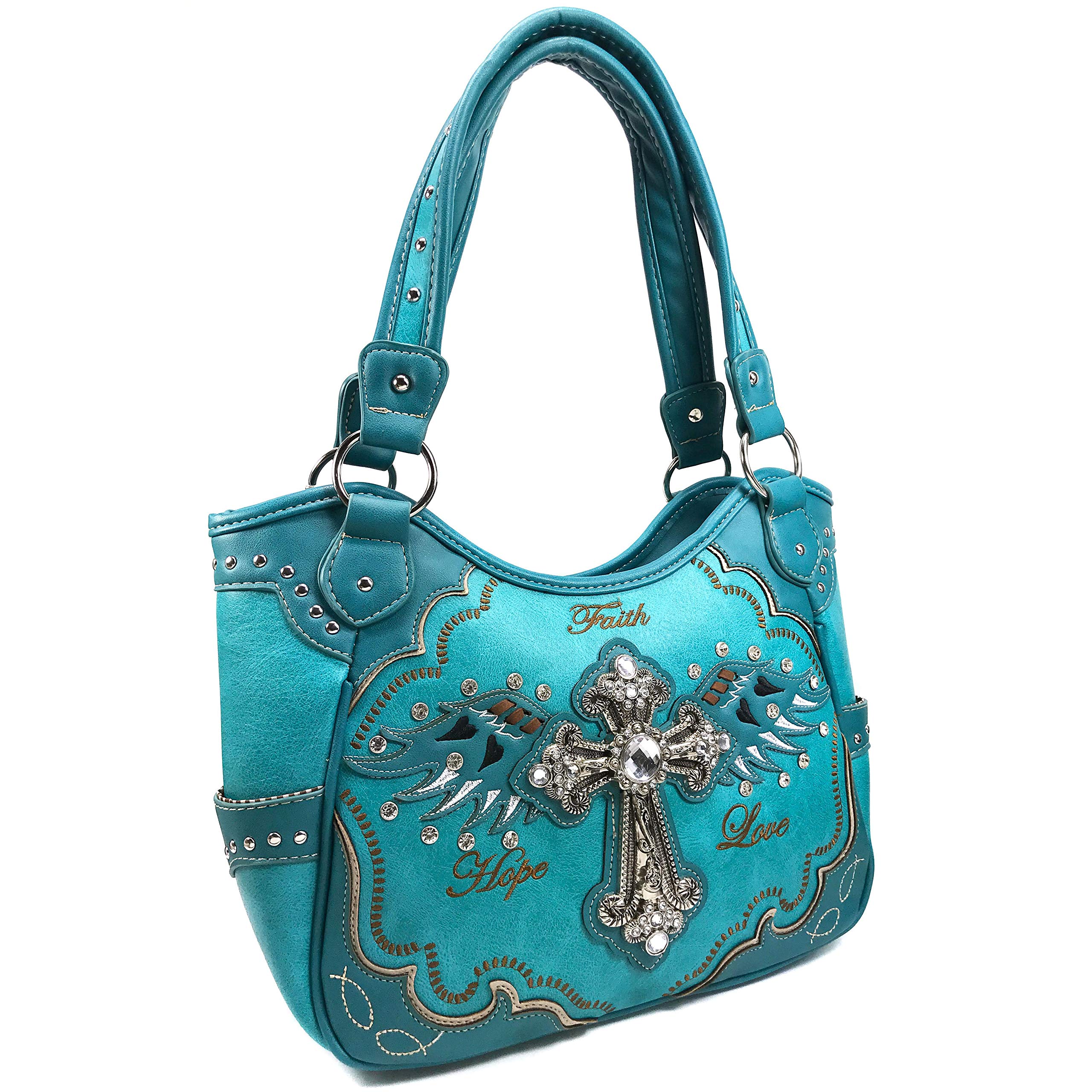 Zelris Faith Love Hope Cross Angel Wing Women Conceal Carry Women Tote Purse Set (Teal Blue)