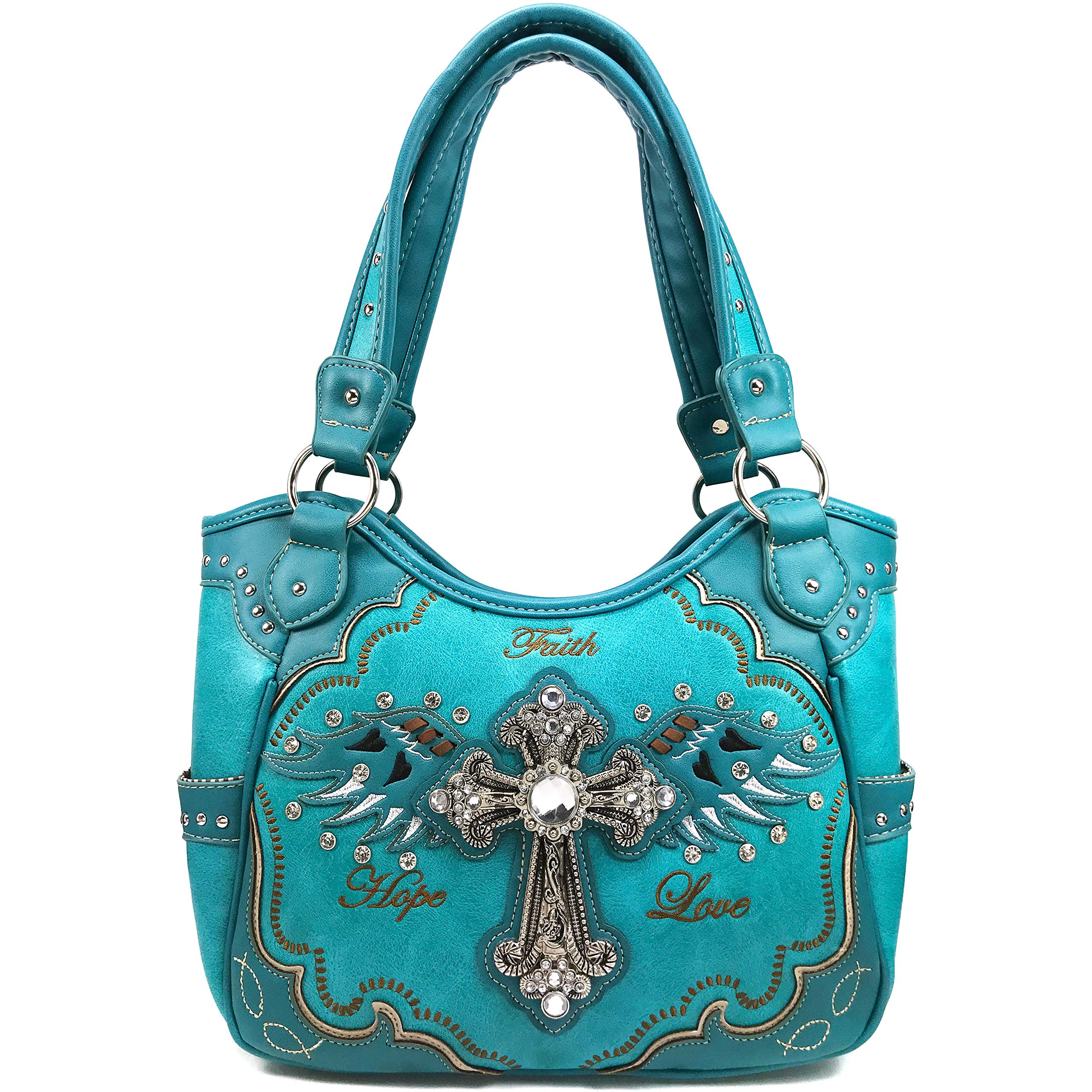 Zelris Faith Love Hope Cross Angel Wing Women Conceal Carry Women Tote Purse Set (Teal Blue)