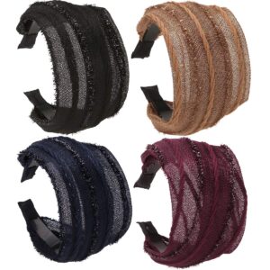 LONEEDY 4 Pack Wide Hard Headband with Teeth for Women, Girls’s Hair Band Pleated Cloth Fabric Hair Hoop Accessories (Mixed colors C)