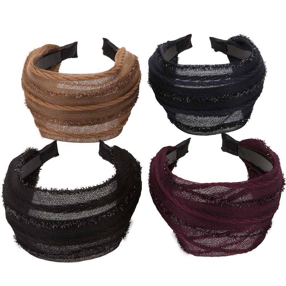 LONEEDY 4 Pack Wide Hard Headband with Teeth for Women, Girls’s Hair Band Pleated Cloth Fabric Hair Hoop Accessories (Mixed colors C)