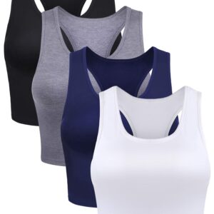 Boao 4 Pieces Basic Crop Tank Tops Sleeveless Racerback Crop Top for Women (Black, White, Dark Grey, Navy Blue, Medium)