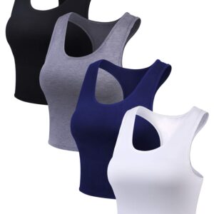 Boao 4 Pieces Basic Crop Tank Tops Sleeveless Racerback Crop Top for Women (Black, White, Dark Grey, Navy Blue, Medium)