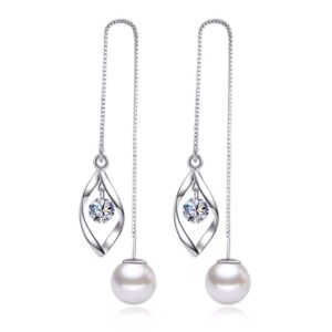 elegant 925 sterling silver threader tassel earrings pearl ball drop long chain earrings wedding for women