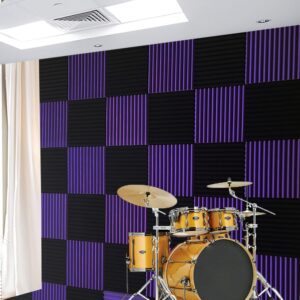 96 Pack Allxinlog Absorb the echo Acoustic Foam Panel Wedge Studio Soundproofing Wall Tiles 12" X 12" X 1" (48Purple+48Black)