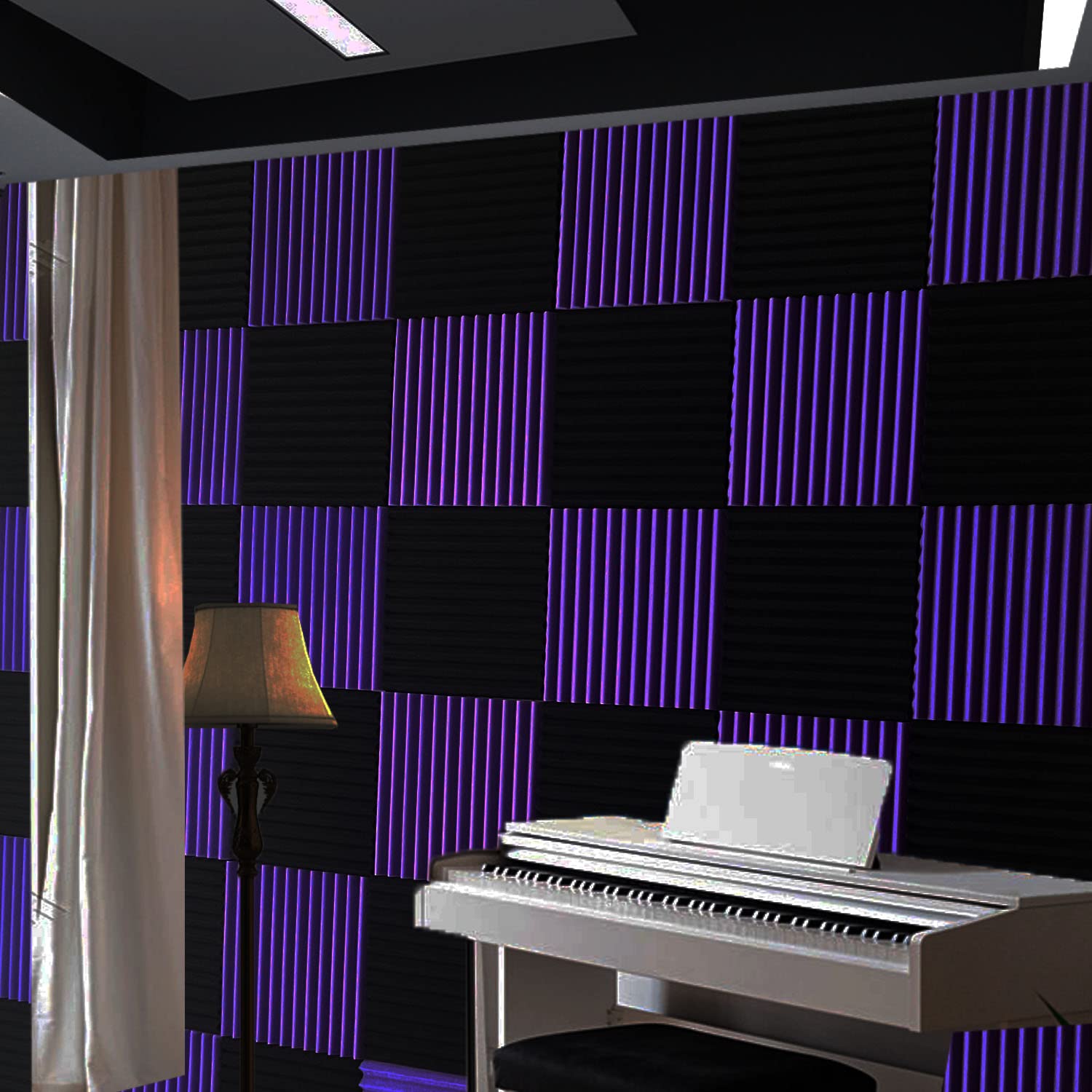 96 Pack Allxinlog Absorb the echo Acoustic Foam Panel Wedge Studio Soundproofing Wall Tiles 12" X 12" X 1" (48Purple+48Black)