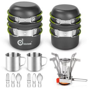 odoland 16pcs camping cookware mess kit, lightweight pot pan mini stove with 2 cups, fork spoon kits for backpacking, outdoor camping hiking and picnic