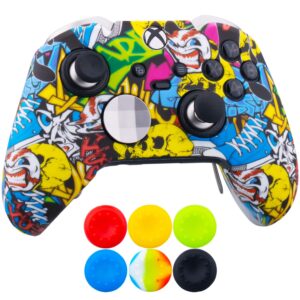 9cdeer 1 x protective customize transfer print silicone cover skin cartoon skulls + 6 thumb grips analog caps for xbox elite wireless controller compatible with official stereo headset adapter