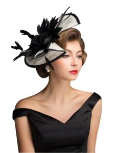 oridoor women sinamay fascinators derby church tea party wedding flower feathers headpiece with headband clips, black, one size