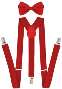 trilece red suspenders for men with bow tie - adjustable size elastic 1 inch wide y shape - womens suspenders with bowtie - halloween costume (red, 1)