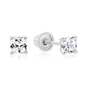 14k white gold solitaire square princess-cut cz stud earrings with secure screw-backs (3mm)…