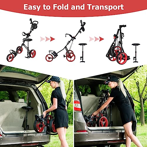 Tangkula Golf Push Cart with Seat, Lightweight Folding 3 Wheels Golf Pull Cart, Golf Trolley with Scoreboard Bag Foot Brake, Cup & Umbrella Holder, Height-Adjustable Handle, Golf Push Pull Cart