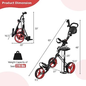 Tangkula Golf Push Cart with Seat, Lightweight Folding 3 Wheels Golf Pull Cart, Golf Trolley with Scoreboard Bag Foot Brake, Cup & Umbrella Holder, Height-Adjustable Handle, Golf Push Pull Cart