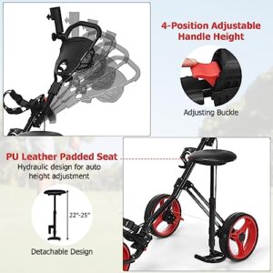 Tangkula Golf Push Cart with Seat, Lightweight Folding 3 Wheels Golf Pull Cart, Golf Trolley with Scoreboard Bag Foot Brake, Cup & Umbrella Holder, Height-Adjustable Handle, Golf Push Pull Cart