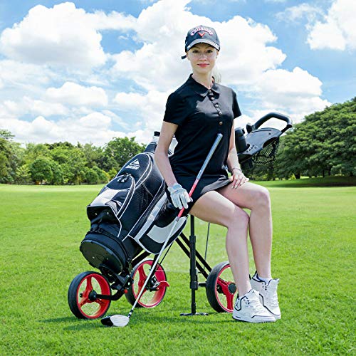 Tangkula Golf Push Cart with Seat, Lightweight Folding 3 Wheels Golf Pull Cart, Golf Trolley with Scoreboard Bag Foot Brake, Cup & Umbrella Holder, Height-Adjustable Handle, Golf Push Pull Cart