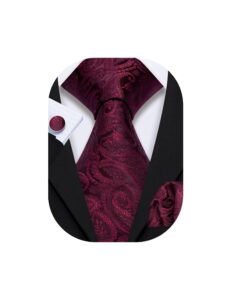 yohowa men tie set paisley burgundy silk necktie handkerchief cufflinks formal business wedding party