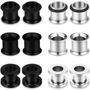 ftovosyo 6 pairs tunnels screw fit plugs surgical steel ear stretching gauges expander piercing jewelry set for men women 0g 0 gauge silver-tone black