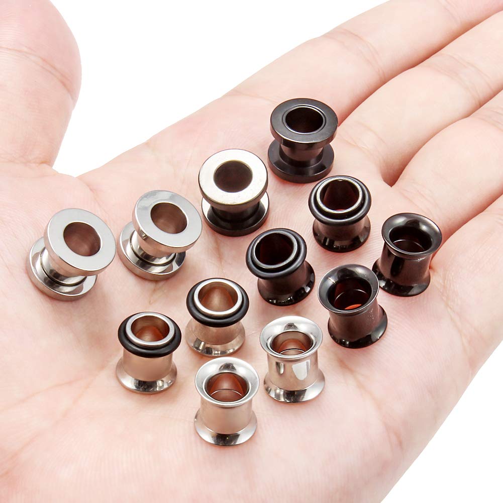 Ftovosyo 6 Pairs Tunnels Screw Fit Plugs Surgical Steel Ear Stretching Gauges Expander Piercing Jewelry Set for Men Women 0G 0 Gauge Silver-tone Black