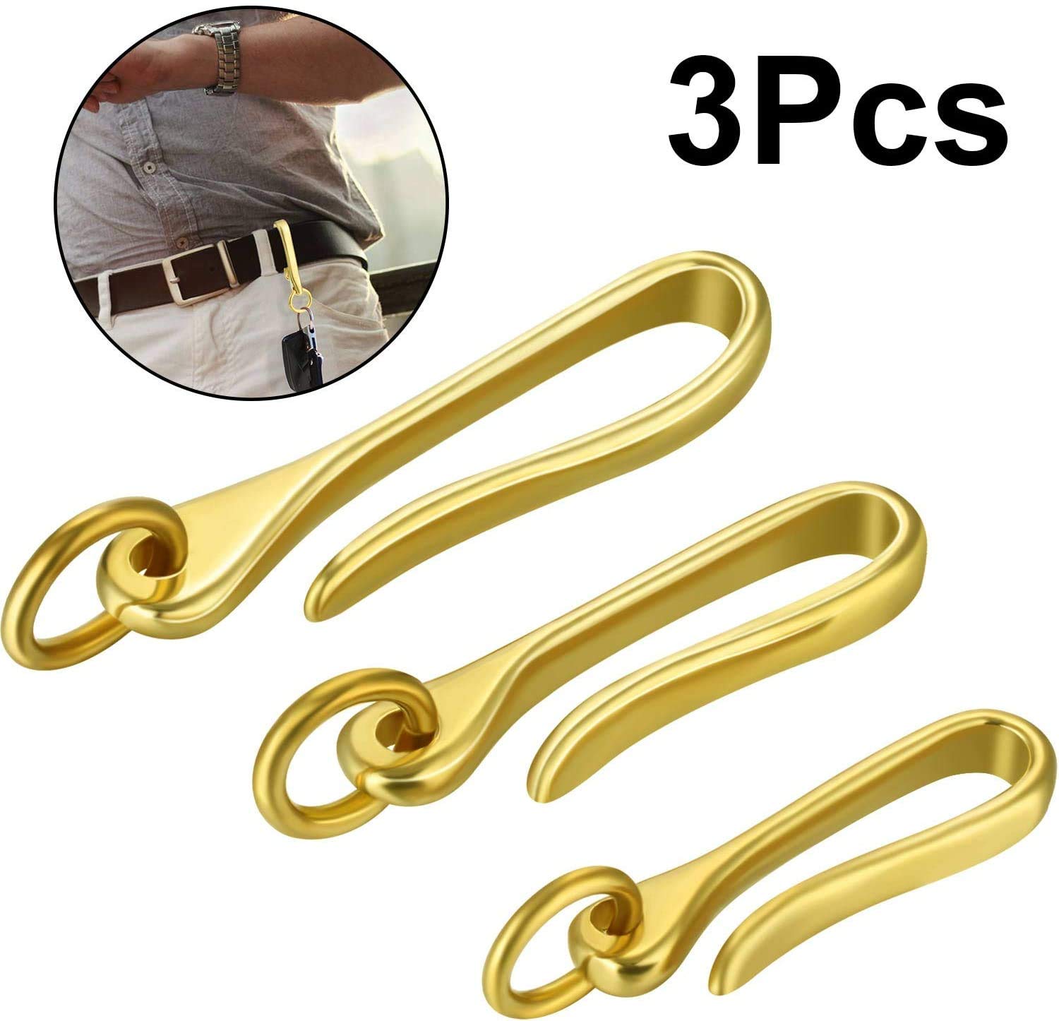 Hotop 3 Pcs Belt Clip Key Rings Hook Keychain Solid Brass U Hook Key Chain Belt Wallet Clip Holder Gold Loop for Men Women