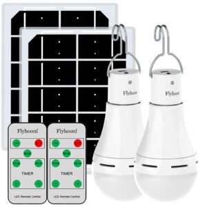 flyhoom portable solar light bulbs with remote, 4 light modes + timer, 180lm solar led light bulbs for indoor, home, chicken coop, camping, hiking, emergency (pack of 2)