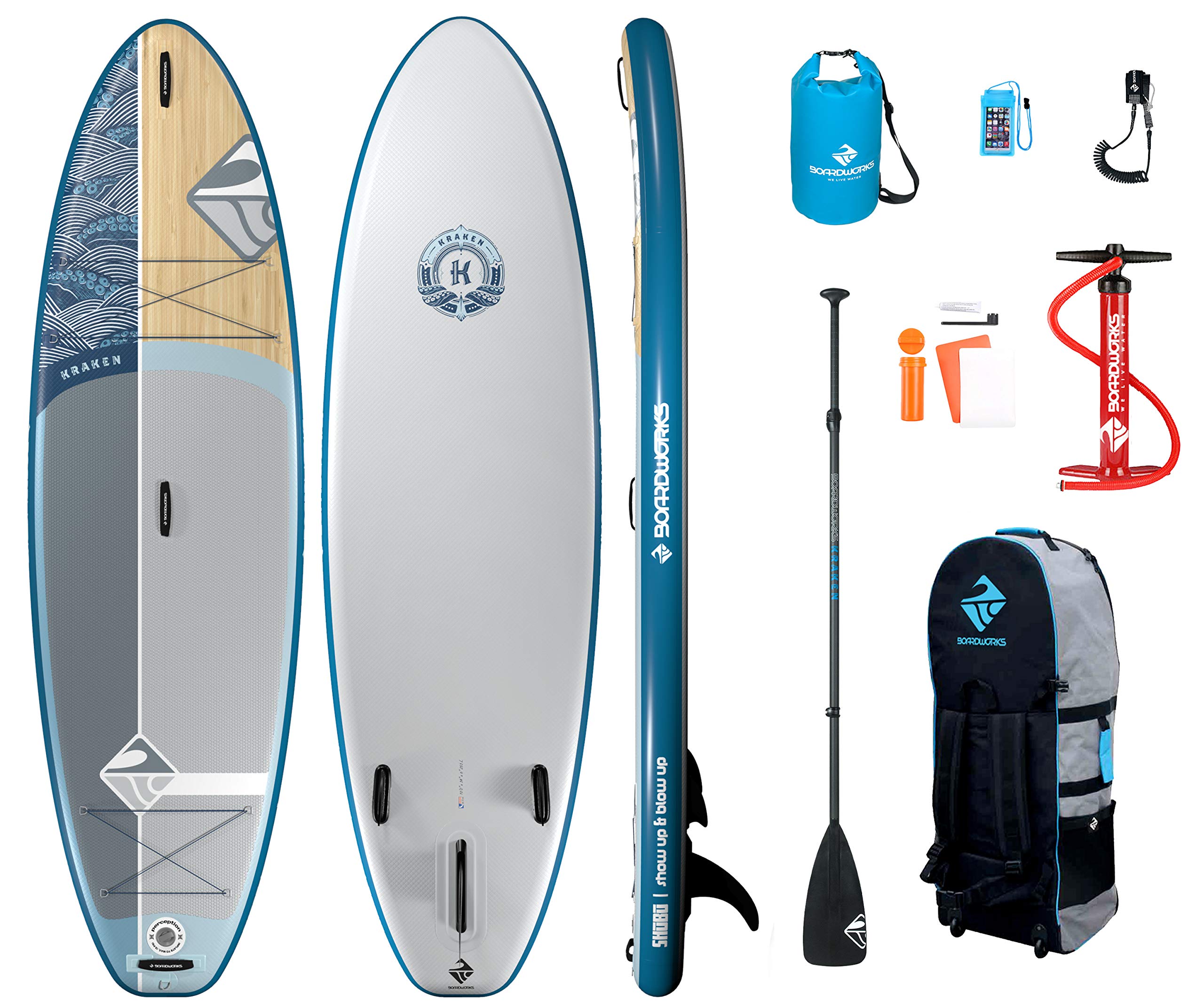 Boardworks SHUBU Kaken All-Water/Surf Inflatable Stand-Up Paddle Board (iSUP) | SUP Package Includes Pump, Three Piece Paddle and Roller Bag | 10’