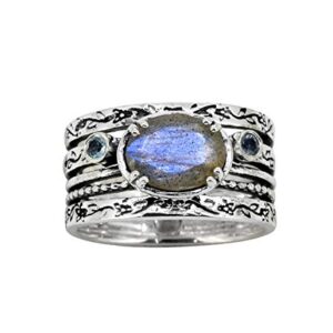 YoTreasure Labradorite Swiss Blue Topaz 925 Sterling Silver Antique Three Stone Ring