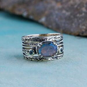 YoTreasure Labradorite Swiss Blue Topaz 925 Sterling Silver Antique Three Stone Ring