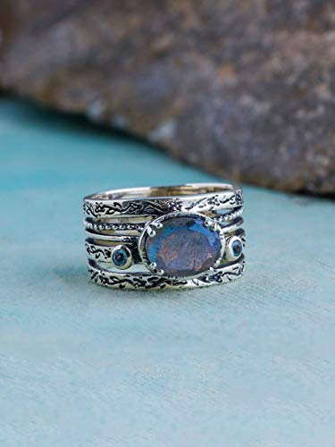 YoTreasure Labradorite Swiss Blue Topaz 925 Sterling Silver Antique Three Stone Ring