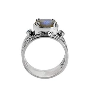 YoTreasure Labradorite Swiss Blue Topaz 925 Sterling Silver Antique Three Stone Ring