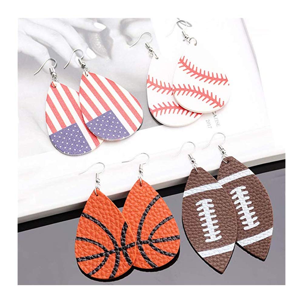 Wremily 8 Pairs Teardrop Leather Baseball Earrings For Sport Lover USA Flag Statement Leaf Leather Dangle Earring Set For Women Lightweight