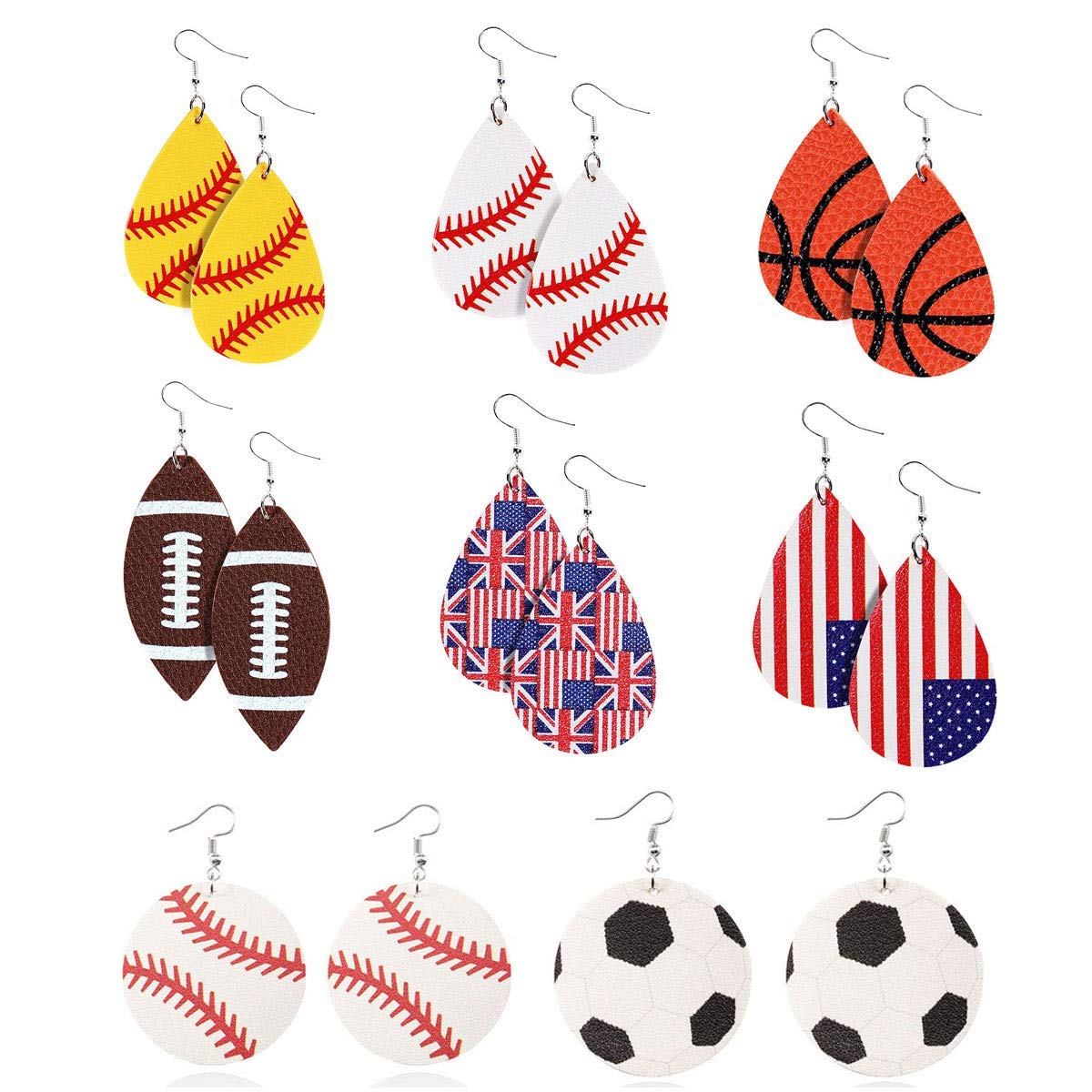 Wremily 8 Pairs Teardrop Leather Baseball Earrings For Sport Lover USA Flag Statement Leaf Leather Dangle Earring Set For Women Lightweight