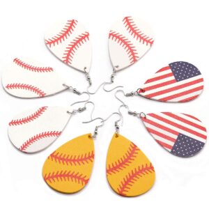 Wremily 8 Pairs Teardrop Leather Baseball Earrings For Sport Lover USA Flag Statement Leaf Leather Dangle Earring Set For Women Lightweight