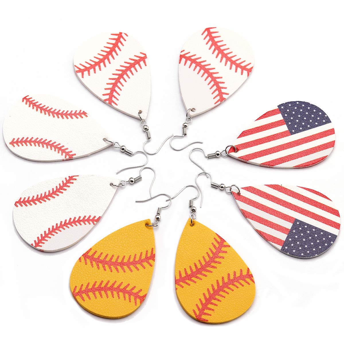 Wremily 8 Pairs Teardrop Leather Baseball Earrings For Sport Lover USA Flag Statement Leaf Leather Dangle Earring Set For Women Lightweight