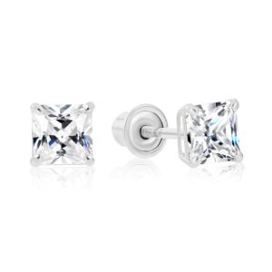 14k white gold solitaire square princess-cut cz stud earrings with secure screw-backs (4mm)…