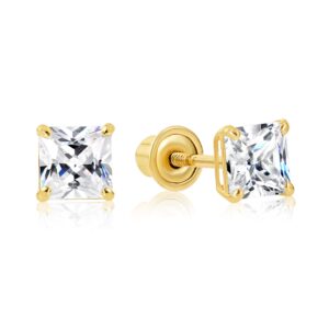 14k yellow gold solitaire square princess-cut cz stud earrings with secure screw-backs (4mm)…