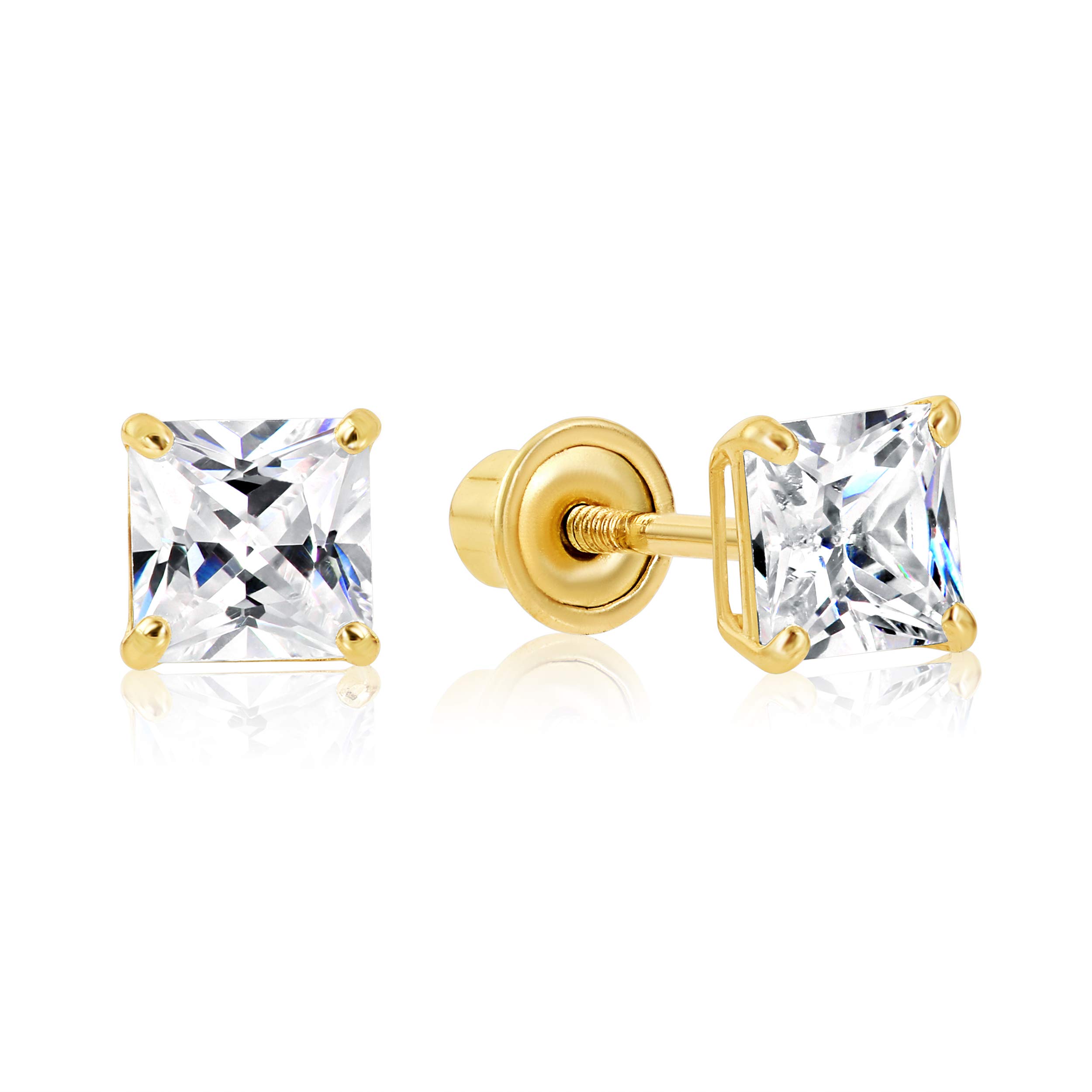 14k Yellow Gold Solitaire Square Princess-cut CZ Stud Earrings with Secure Screw-backs (4mm)…