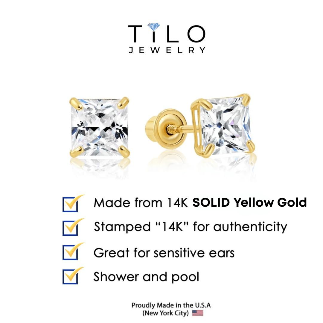 14k Yellow Gold Solitaire Square Princess-cut CZ Stud Earrings with Secure Screw-backs (4mm)…