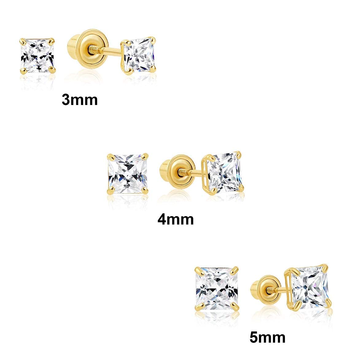 14k Yellow Gold Solitaire Square Princess-cut CZ Stud Earrings with Secure Screw-backs (4mm)…