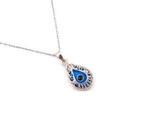 mystic jewels by dalia - 925 sterling silver glass evil eye drop shape filigree pendant with silver chain